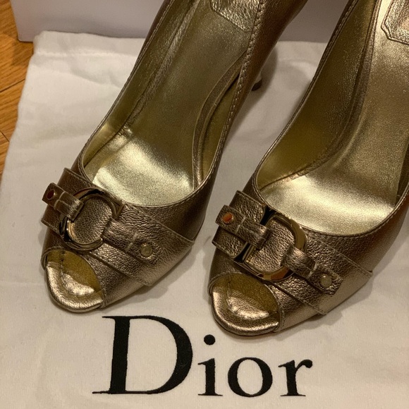 Dior | Shoes | Dior Cd Logo Gold Peep Toe 3 2 Heel 385 | Poshmark